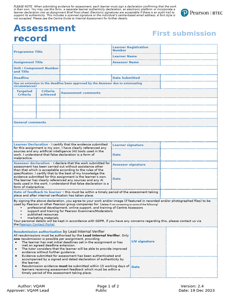 BTEC Internal Verification of Assignment Brief - Template | PDF