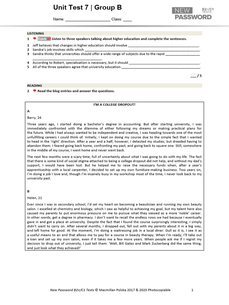 Unit Test 7 for New Password B2+/C1 | PDF
