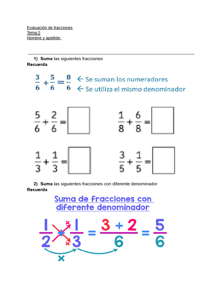 Evaluación de Fracciones Operaciones t2 X 4 (Flor, Laia, Luis) | PDF