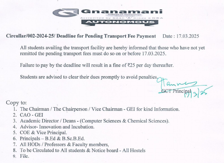 Circular - Pending Transport Fee Payment - Rag | PDF