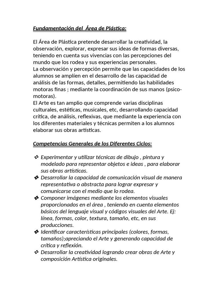 Fundamentación Del Área de Plástica | PDF | Pinturas | Creatividad