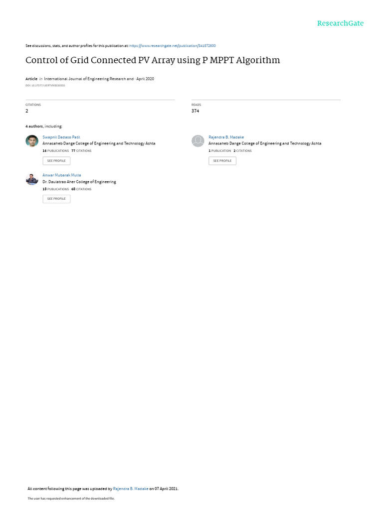 Control of Grid Connected PV Array Using P MPPT Al | PDF | Power ...