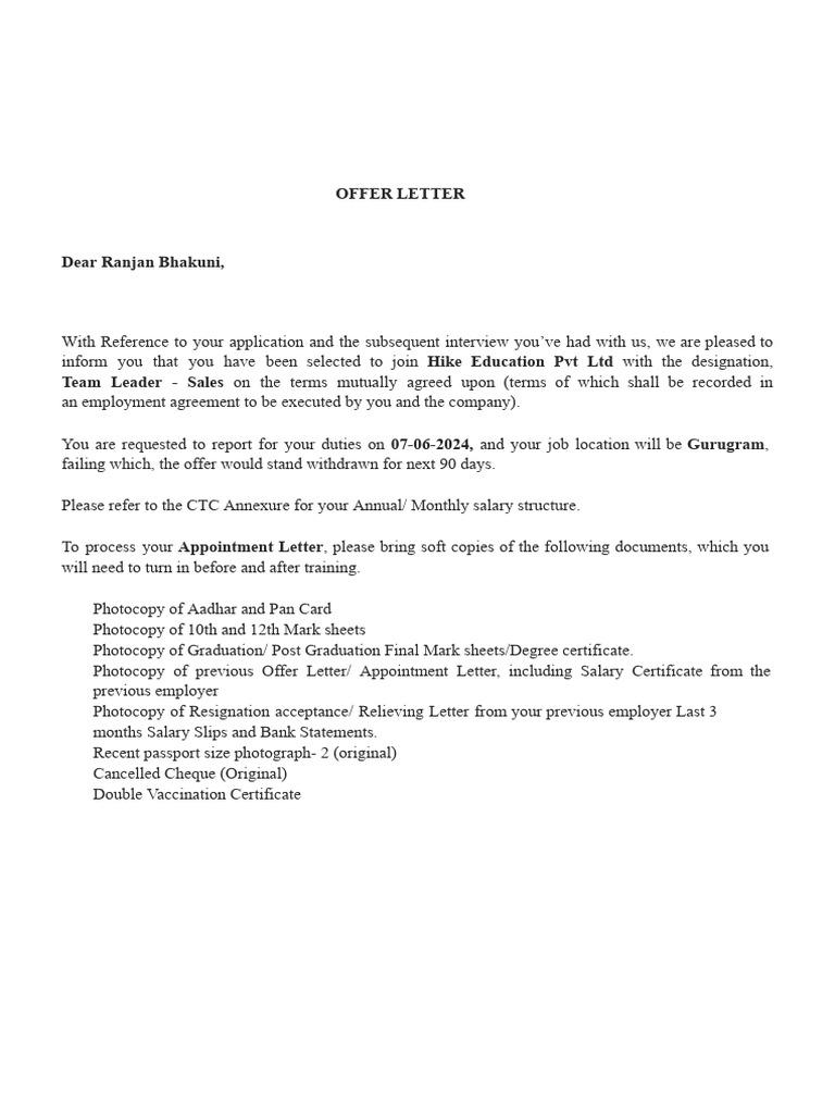 Offer Letter for Team Leader - Sales | PDF