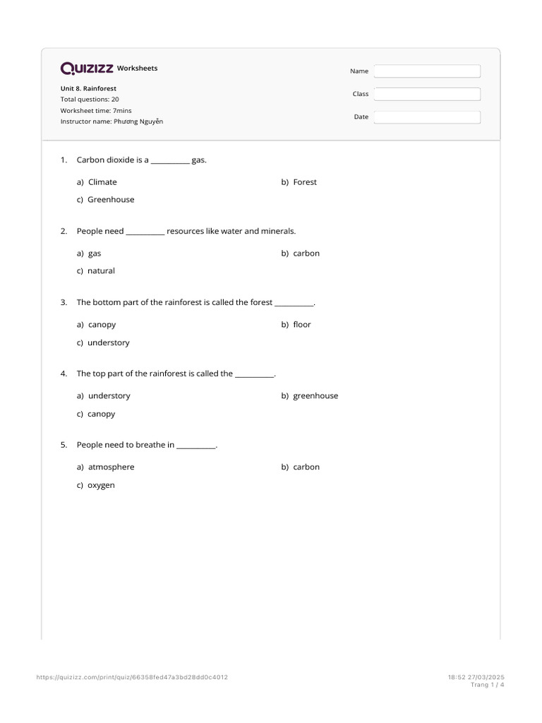 Unit 8. Rainforest - Quizizz | PDF | Rainforest | Canopy (Biology)