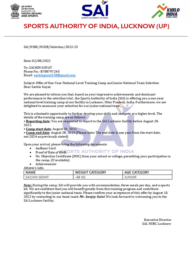SAI CAMP LETTER | PDF