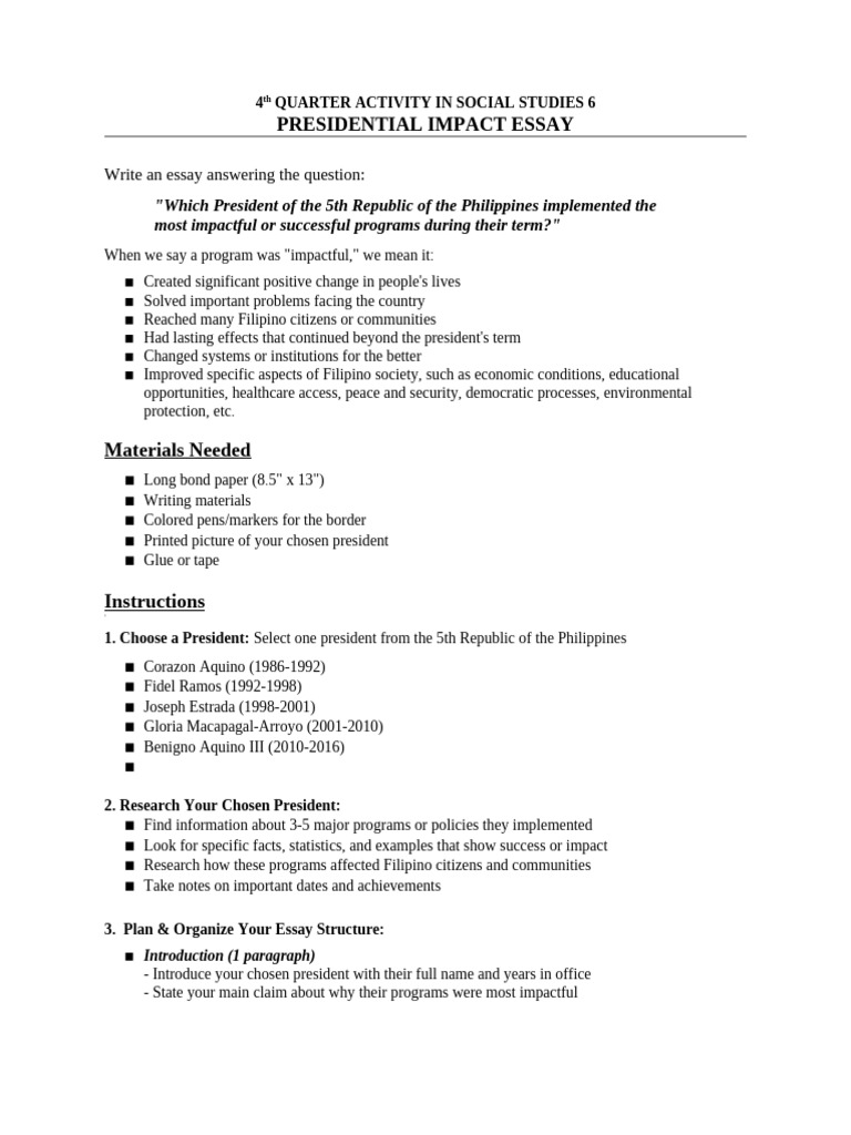 Impactful Philippine Presidents Essay | PDF | President Of The ...