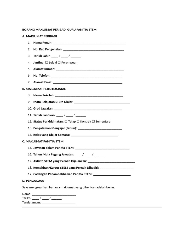 Borang Maklumat Peribadi Guru Panitia Stem | PDF