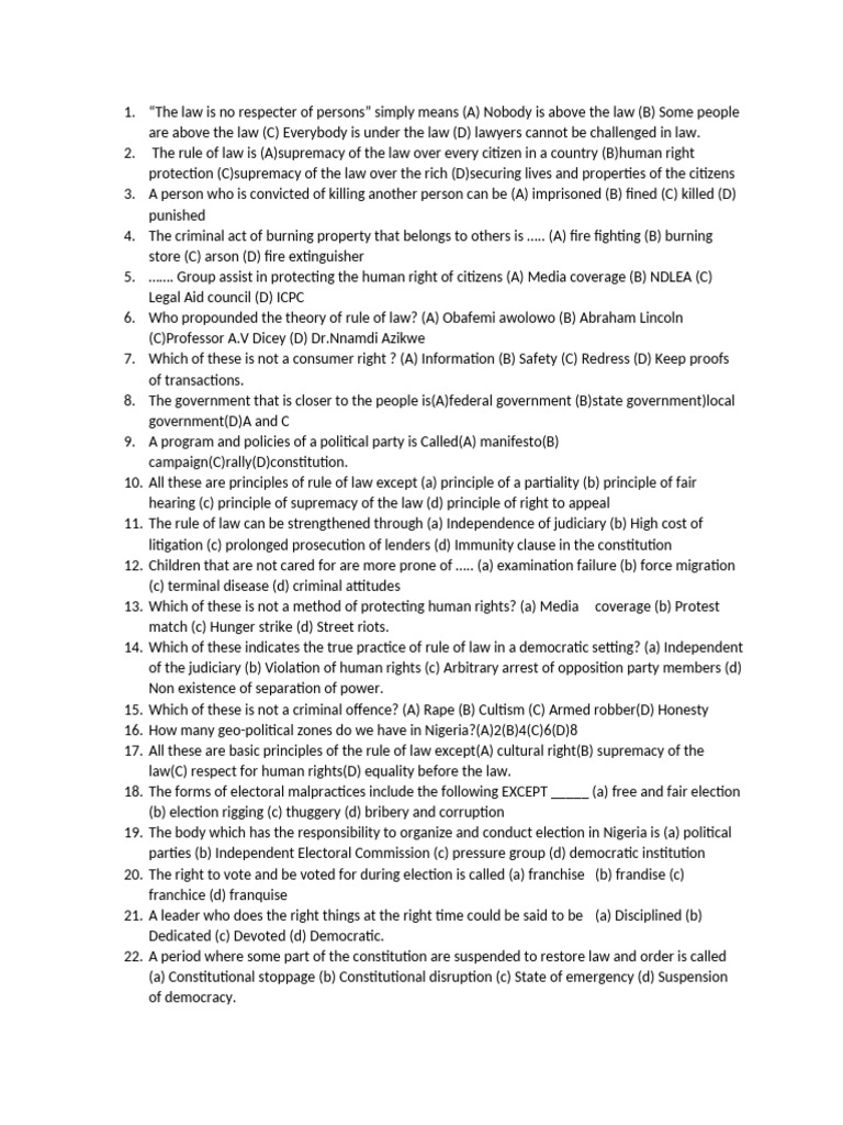 Civic Education Jss Two Second Term Exam | PDF | Rule Of Law | Governance