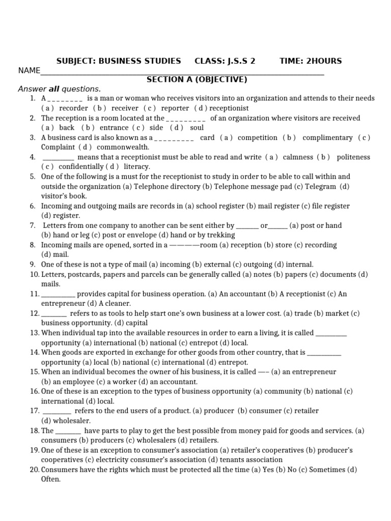 Business Studies Jss Two second term examination | PDF | Mail | Prices