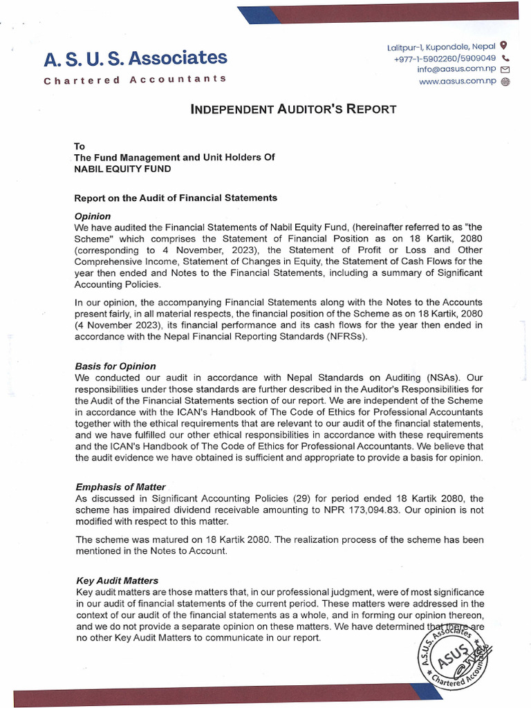 Auditors Report and Financial NEF 18th Kartik 2080 | PDF | Audit | Going Concern