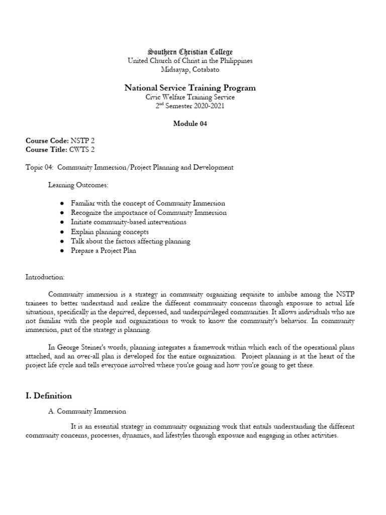Community Immersion Project Planning Guide | PDF | Goal | Swot Analysis