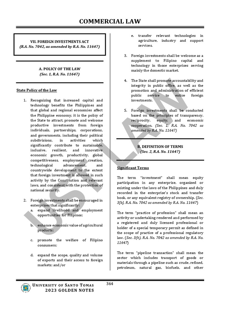 Foreign Investments Act Golden Notes | PDF | Corporations | Business