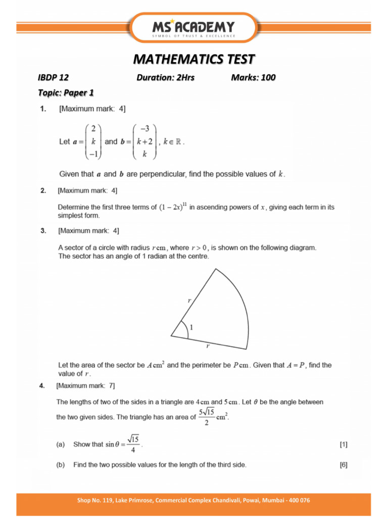 IBDP 12 Math Paper 1 Test | PDF