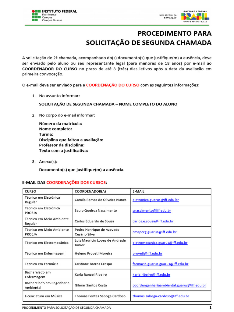 Procedimento para Solicitacao de Segunda Chamada | PDF