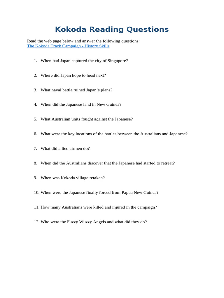 Kokoda Track Campaign Reading Questions | PDF