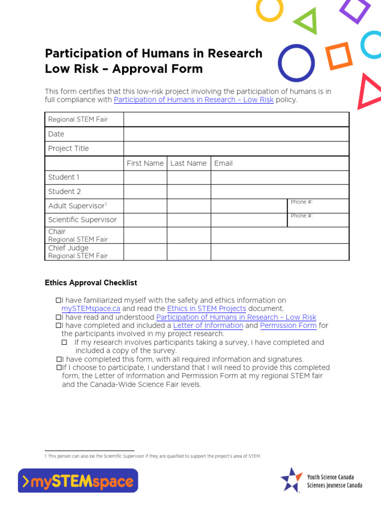 Form - Participation of Humans in Research - Low Risk Approval | PDF