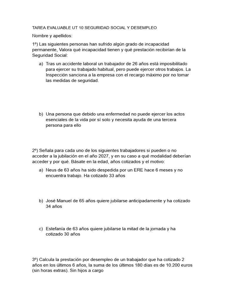 Tarea Evaluable Ut 10 Seguridad Social y Desempleo | PDF