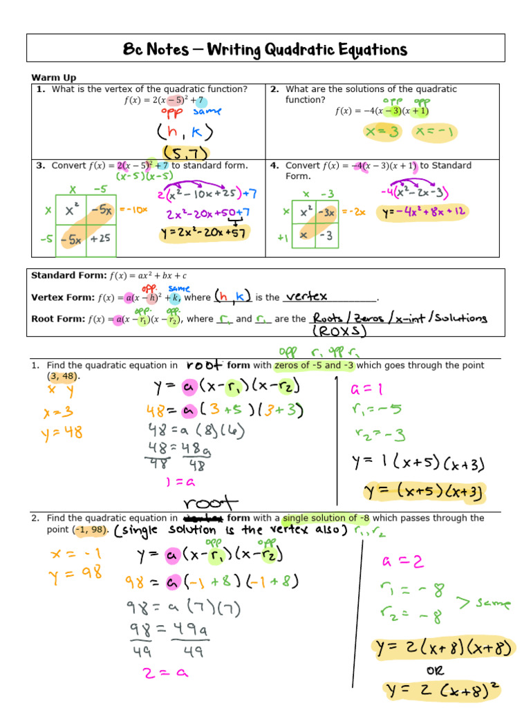 8c Notes - Writing Quadratic Equations Copy (2) | PDF | Discrete ...