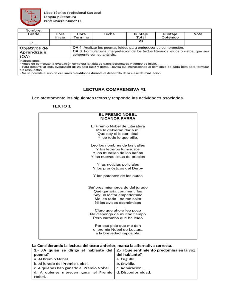 II° Lectura Comprensiva I | PDF