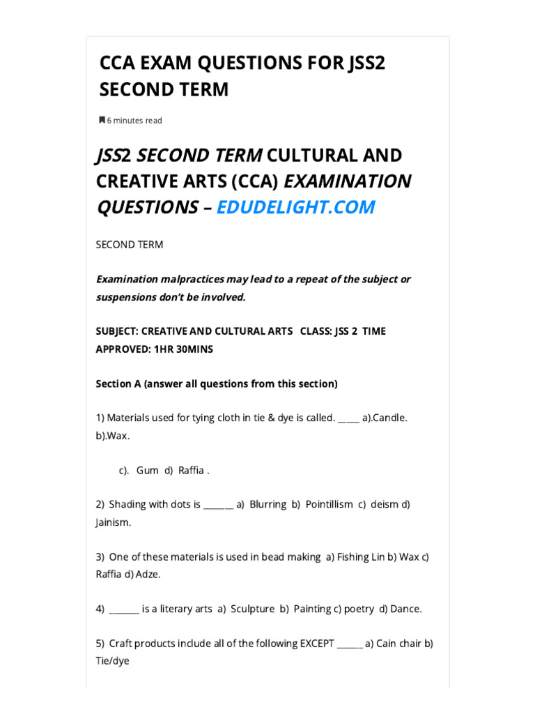 Cca Exam Questions For Jss2 Second Term 1 | PDF | Drawing | Color