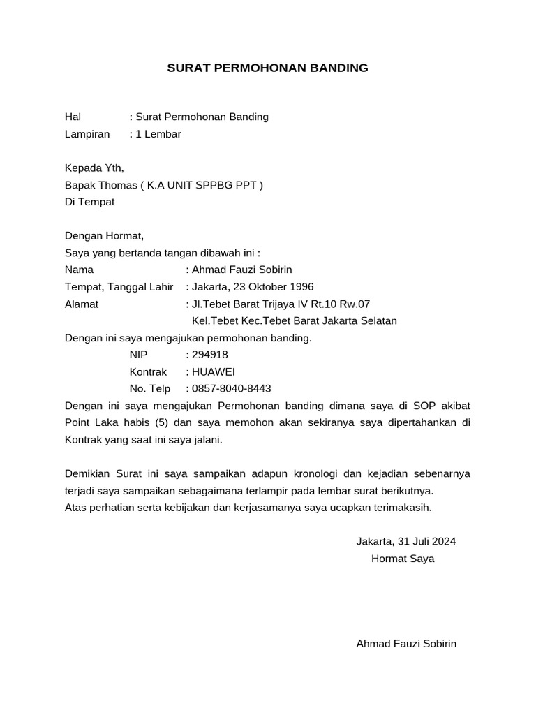 Surat Permohonan Banding Ahmad Fauzi | PDF