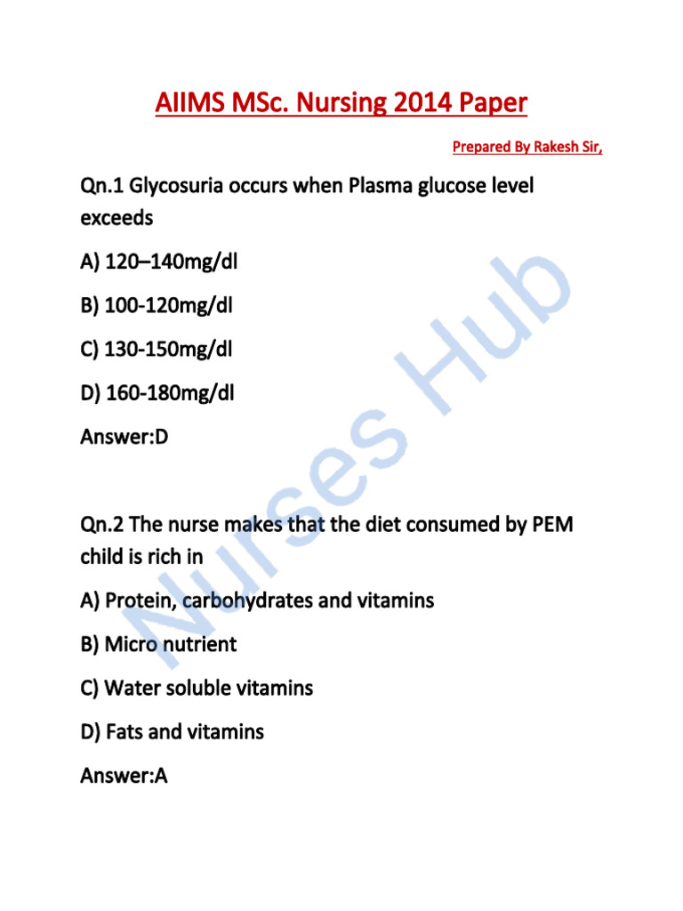 AIIMS MSc Nursing 2014 Exam Questions | PDF