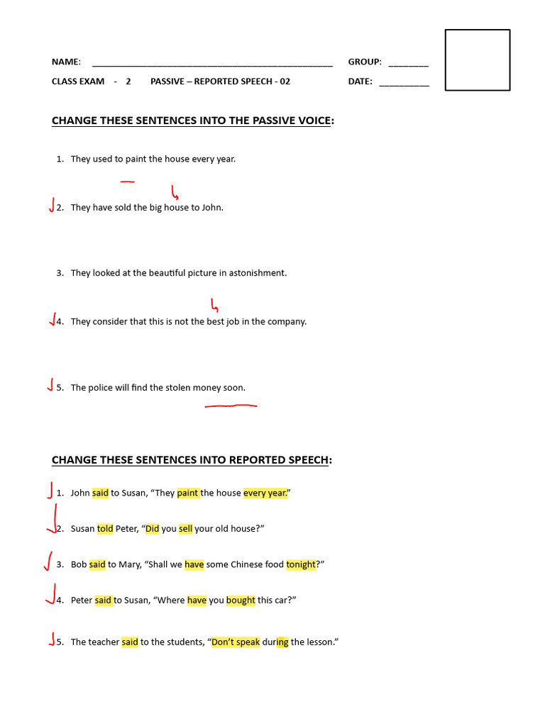 Class Exam - Passive and Reported Speech 02 | PDF