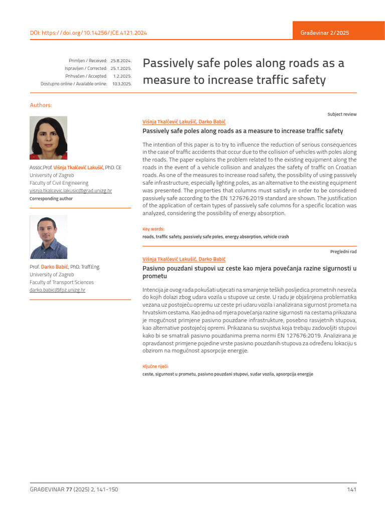 Višnja Tkalčević Lakušić, Darko Babić - Passively Safe Poles Along Roads As A Measure To ...