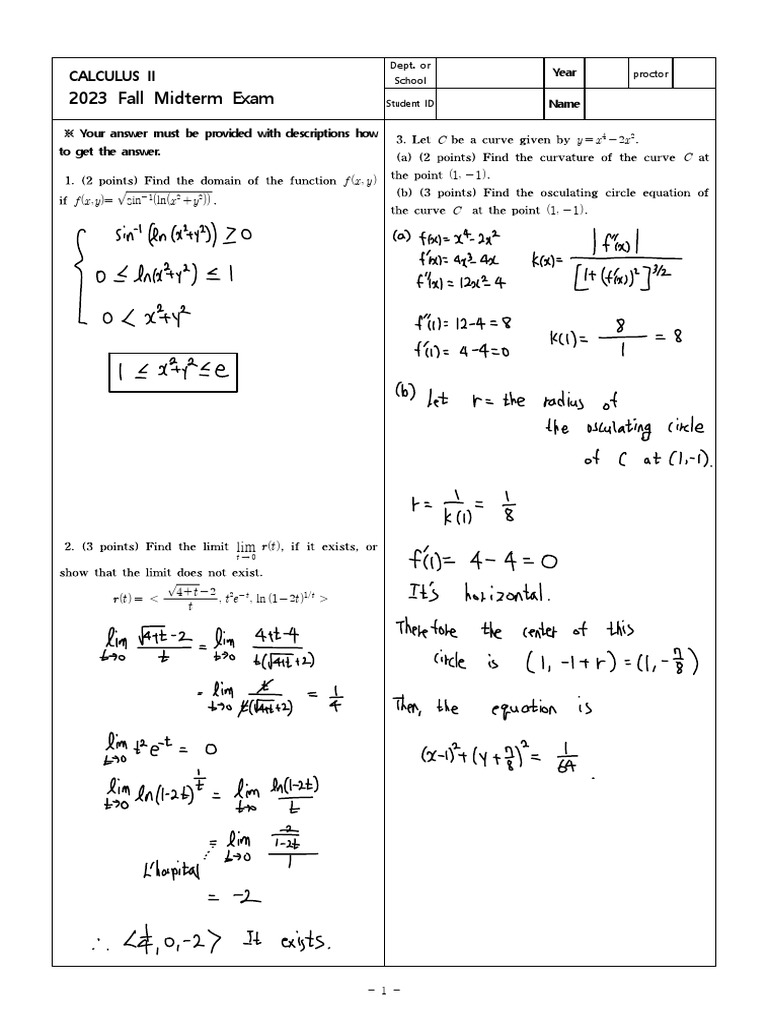2023 미분적분학2 중간고사 해설 | PDF | Mathematical Physics | Geometry