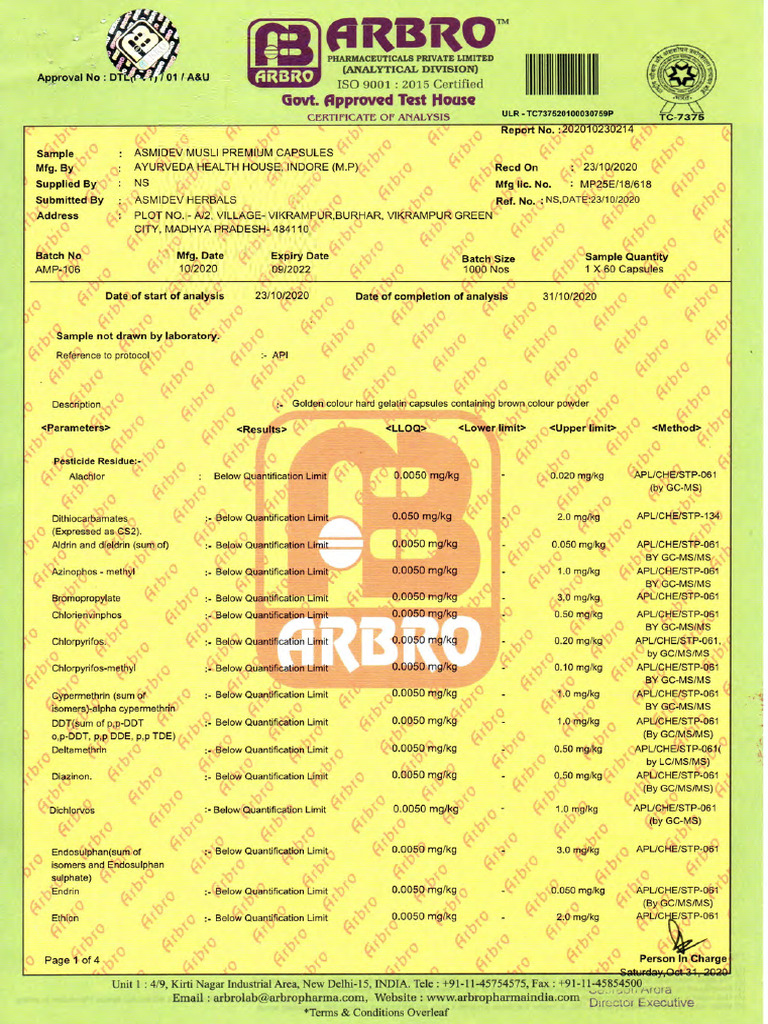 Asmidev Musli Premium Arbro Lab Test Material Safety Data Sheet MSDS ...