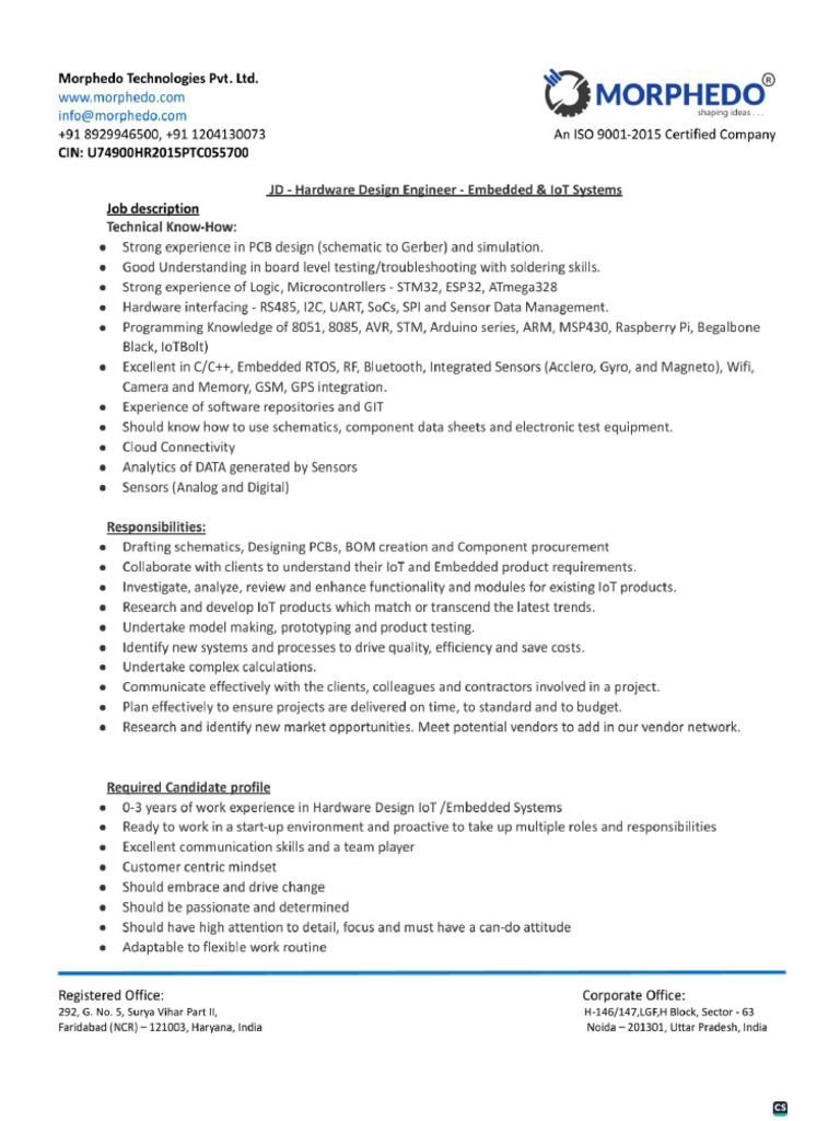 JD - Hardware Design Engineer - Embedded & IoT Systems | PDF