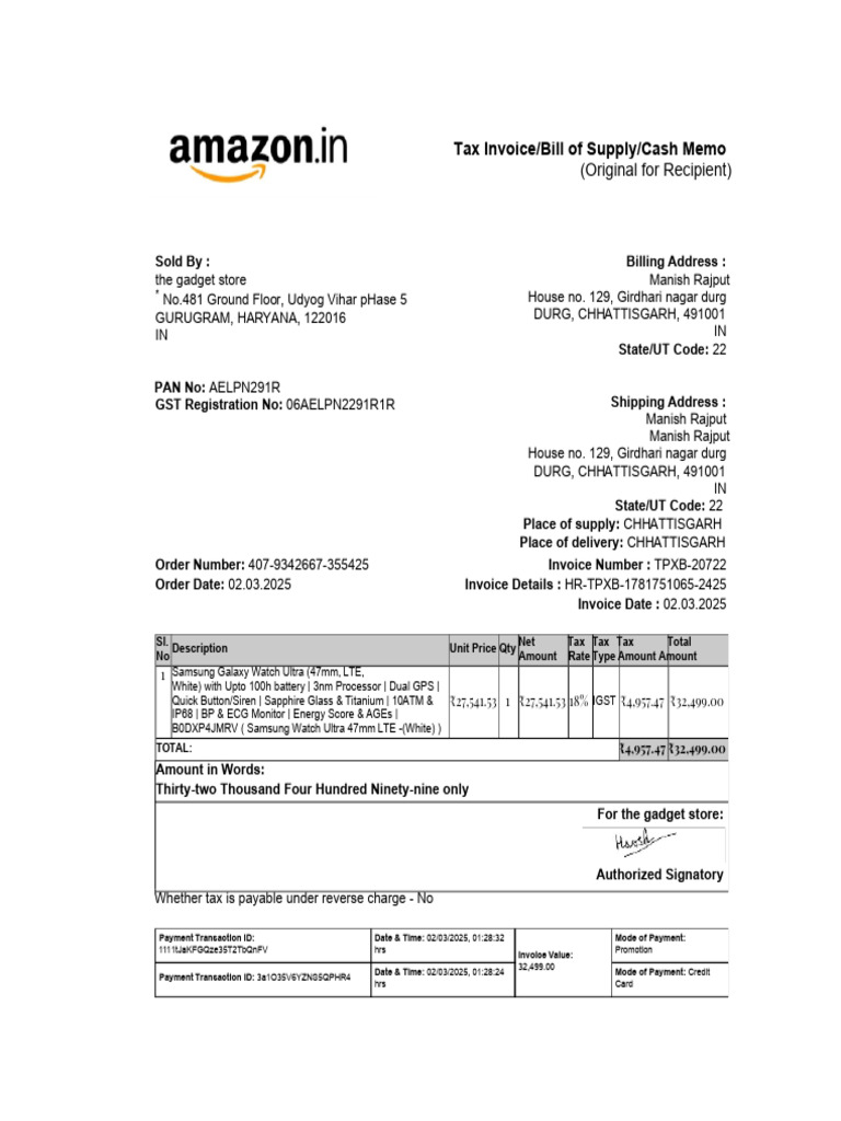 Invoice for Samsung Galaxy Watch Ultra | PDF | Invoice | Payments