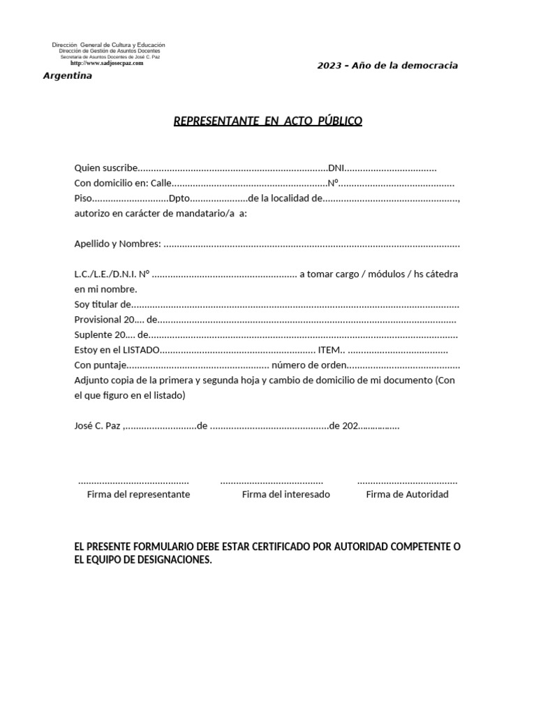 Formulario Representante en Acto Publico 2023 | PDF