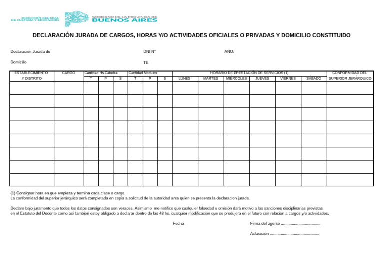 Declaracion Jurada de cargos y horas en blanco | PDF