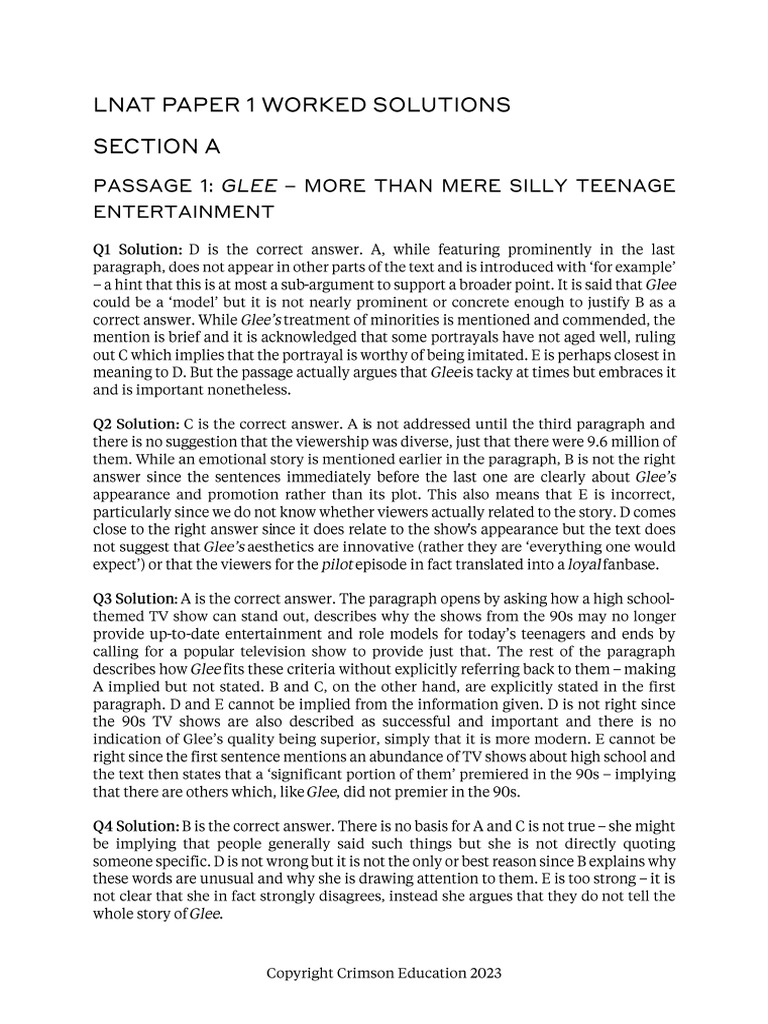 Lnat Paper 1 Worked Solutions | PDF