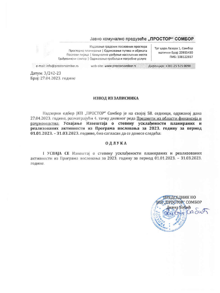 Jkp Prostor Sombor i Kvartal 2023 | PDF