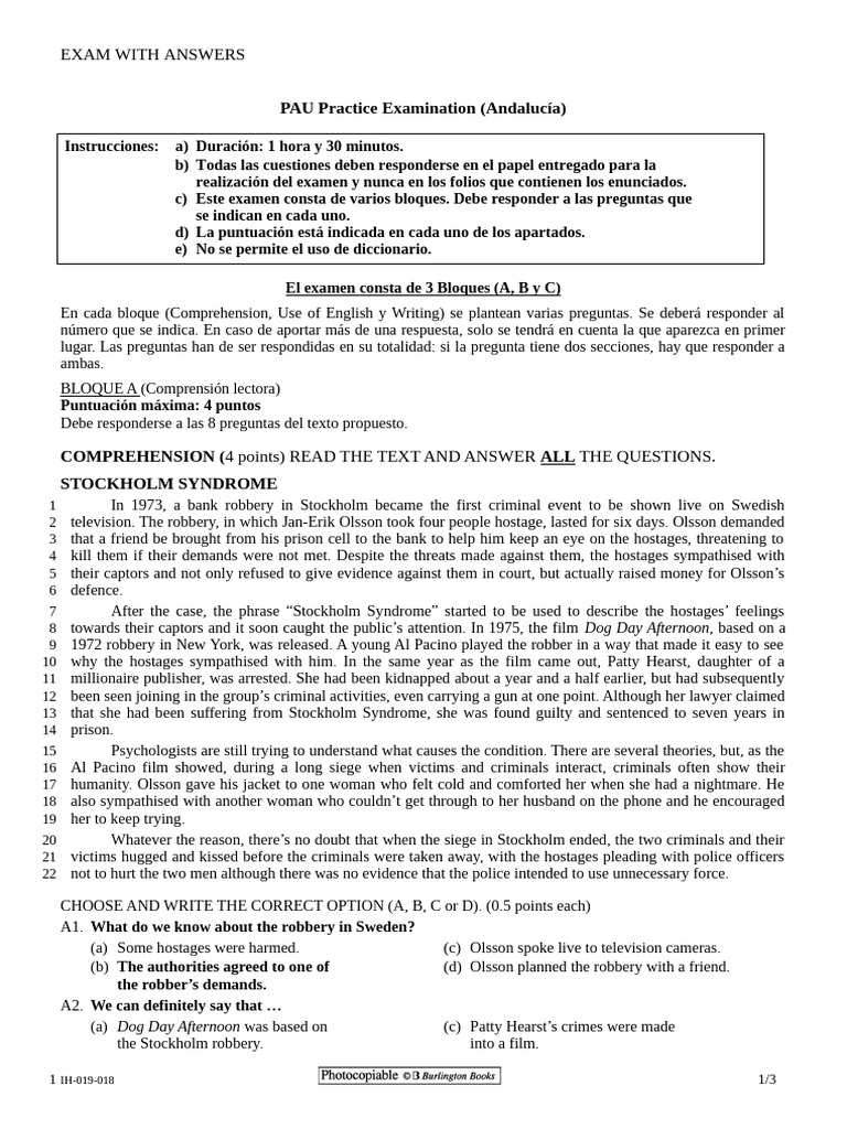 PAU Exam: Stockholm Syndrome Focus | PDF | Problem Behavior | Crimes