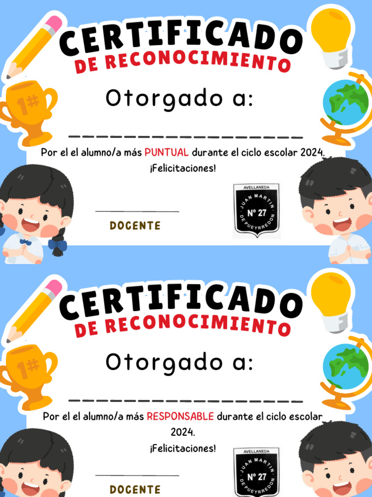 Yellow Red and Blue Cute Illustrative School Certificate of Recognition ...