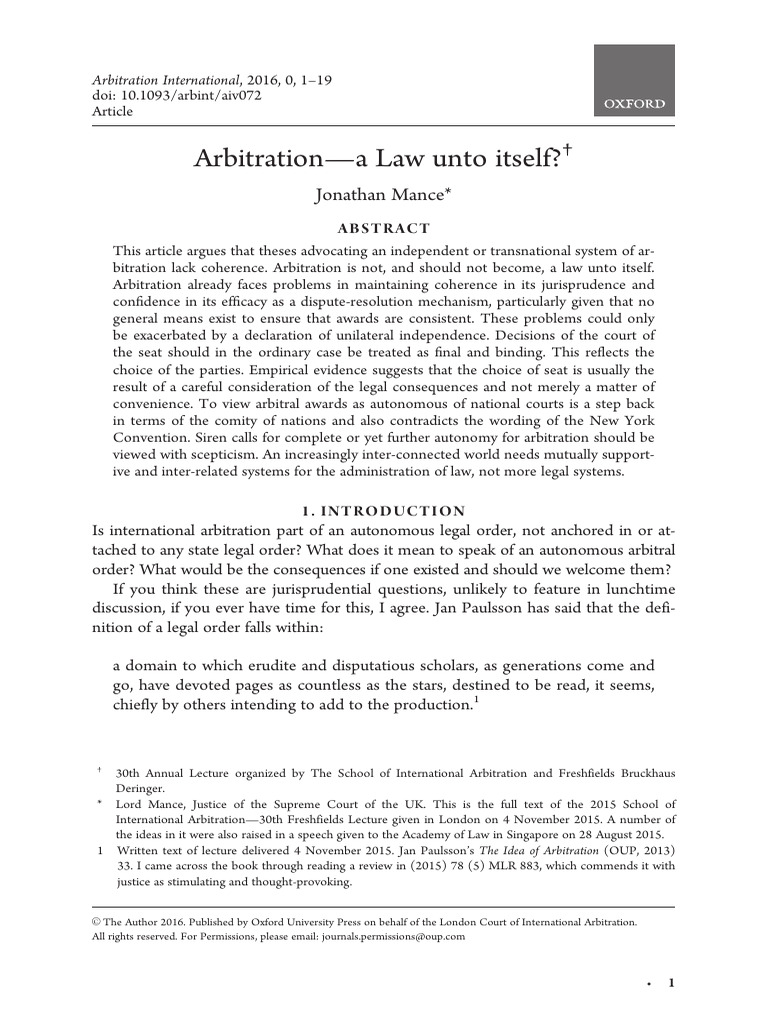 2016 - Arbitration - A Law Unto Itself | PDF | Arbitration | Jurisdiction