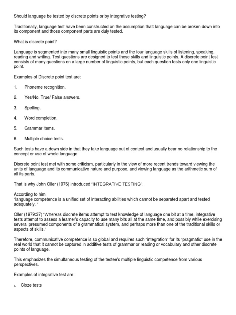 Discreet Point vs. Integrative Test | PDF | Question ...