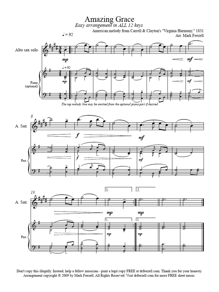 Amazing Grace Piano Altosax | PDF | Sheet Music | Entertainment