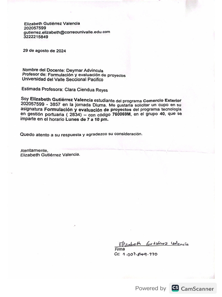 Carta - Solicitud de Cupo | PDF