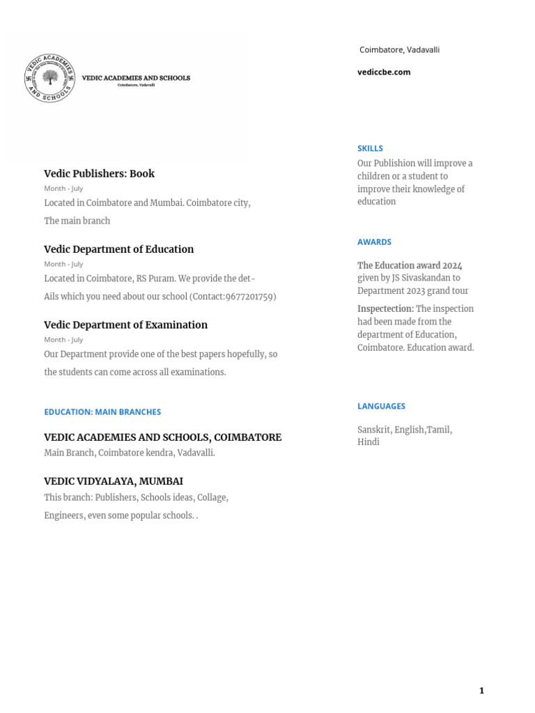 Vedic Academies and Schools - Resume | PDF