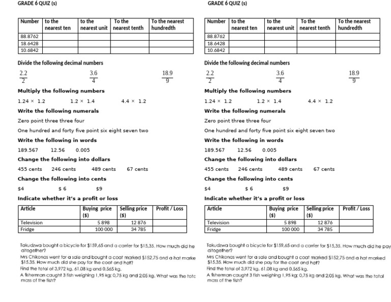 Grade 6 Math Quiz: Decimals & Profit | PDF | Arithmetic | Mathematics