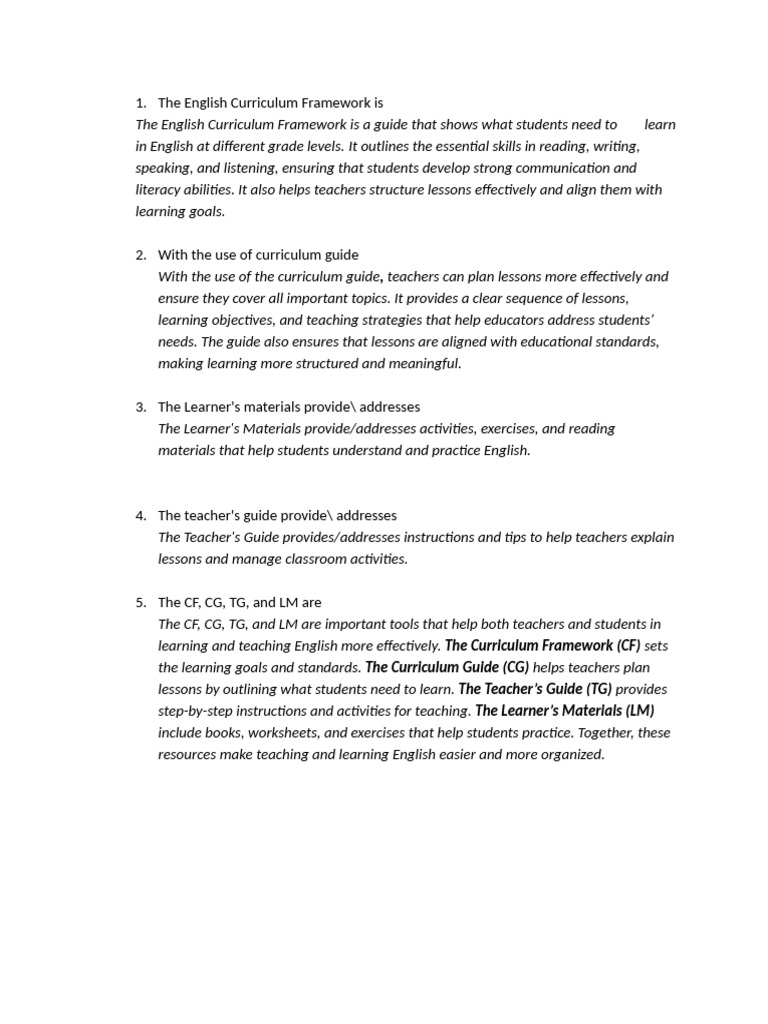 The English Curriculum Framework Is | PDF
