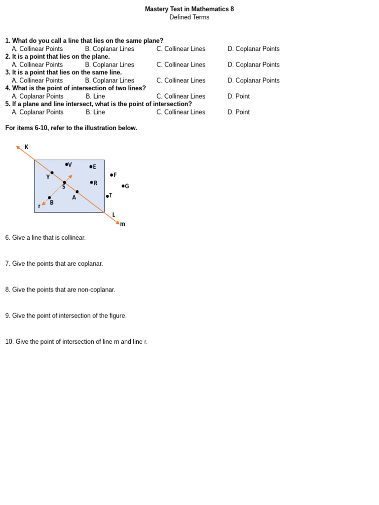 2 - Mastery Test in Mathematics 8 | PDF | Line (Geometry) | Euclid