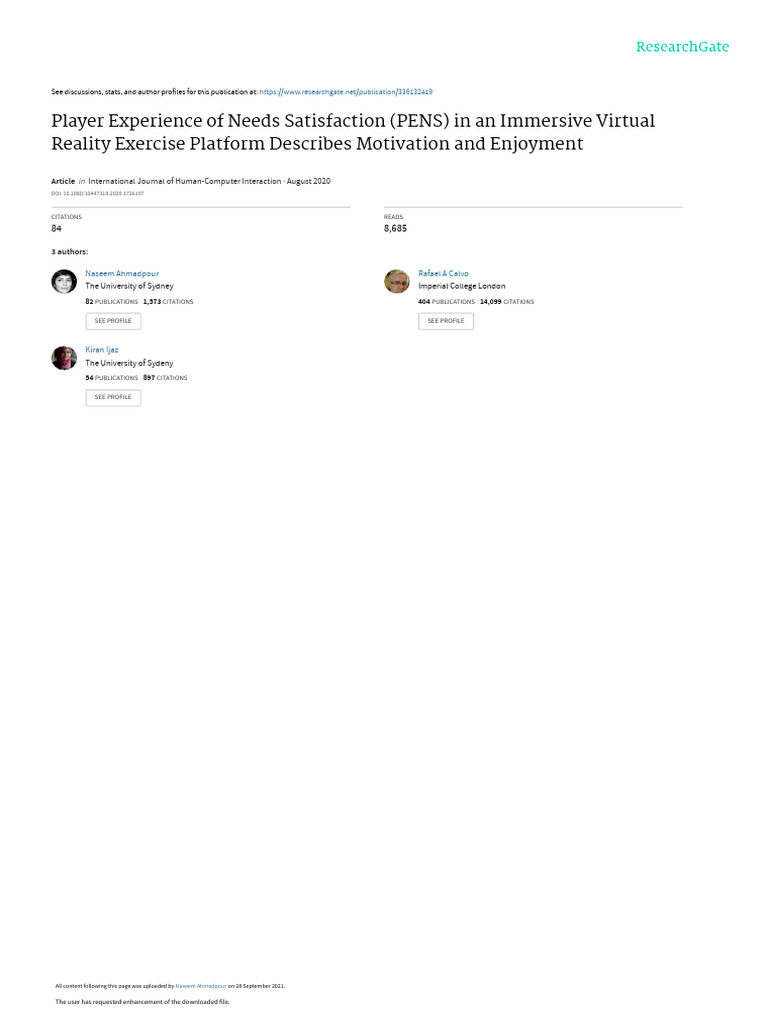 Player Experience of Needs Satisfaction (PENS) in An Immersive Virtual Reality Exercise Platform ...