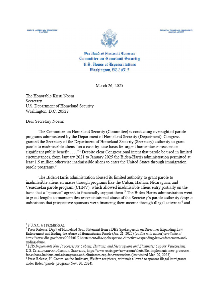 2025-03-26 Green Brecheen Guest To Noem (DHS) Re Parole Programs | PDF ...