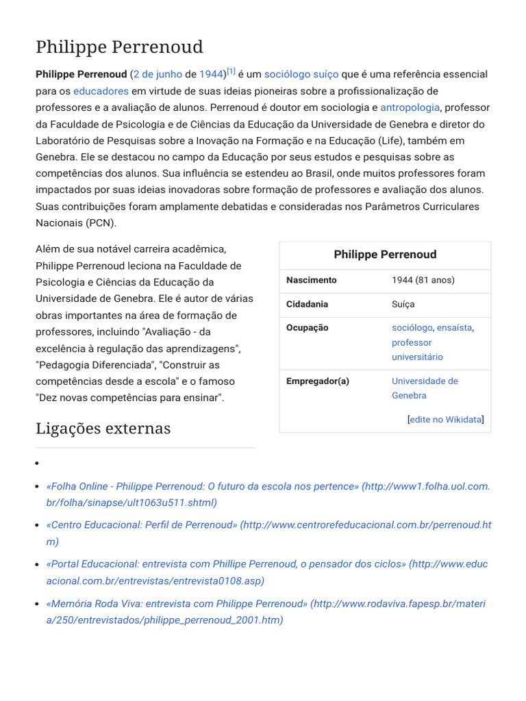Philippe Perrenoud - Wikipédia, A Enciclopédia Livre | PDF | Pedagogia | Sociologia