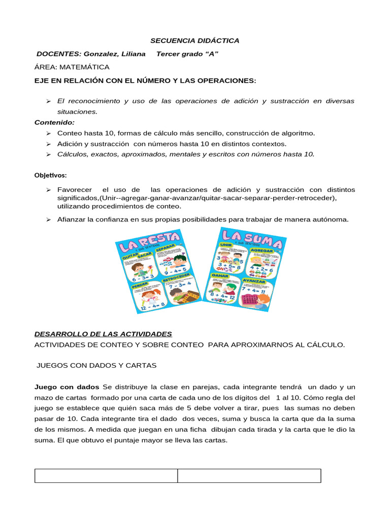 Secuencia Didáctica: Sumas y Restas 1° Grado | PDF | Sustracción
